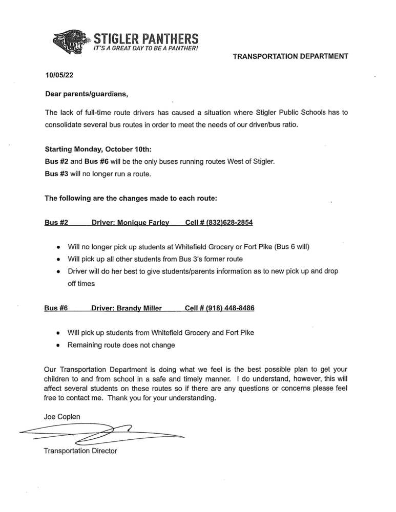 Bus Route Changes STIGLER PUBLIC SCHOOLS Bus Route Changes STIGLER PUBLIC SCHOOLS
